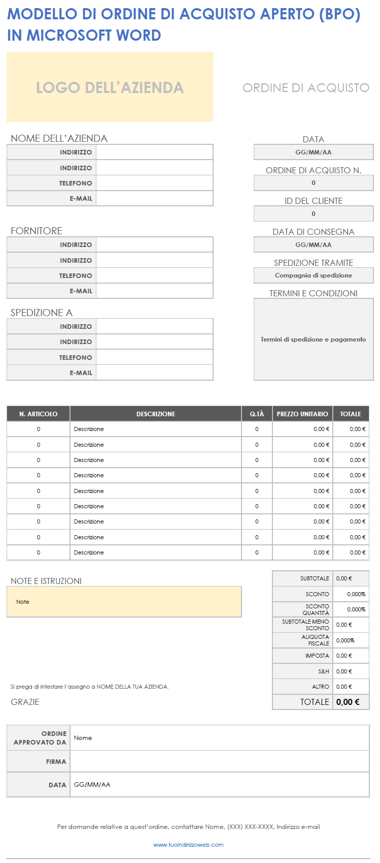 Modelli, moduli e lettere gratuiti di ordini di acquisto in MS Word