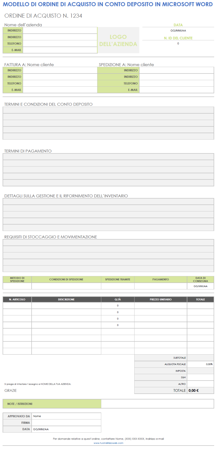 Modelli, moduli e lettere gratuiti di ordini di acquisto in MS Word